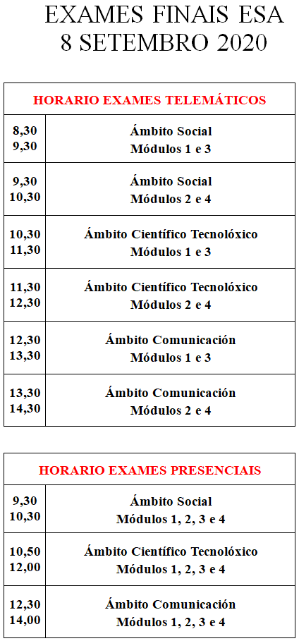 Exames de setembro 2020 da ESA | IES San Clemente